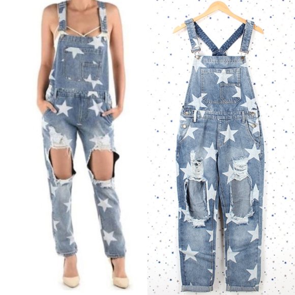 American Bazi | Jeans | Star Print Distressed Denim Jean Overalls ...